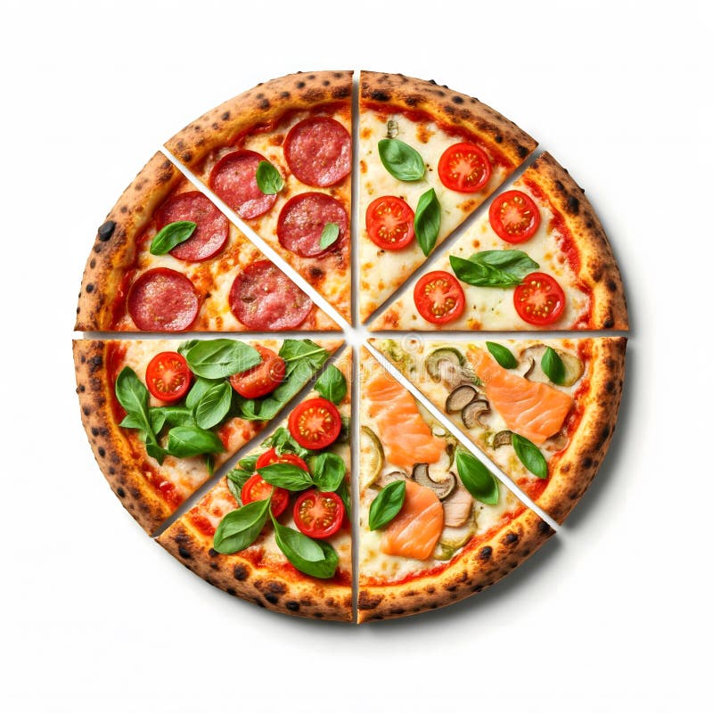 Pizza with Varied Toppings, Divided into Six Slices Stock Illustration ...