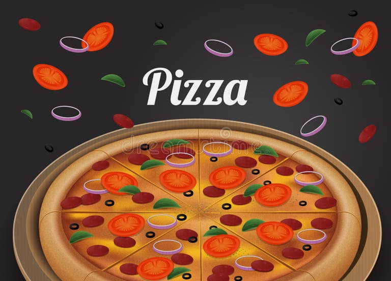 Pizza Vector on the Board and the Ingredients for the Pizza Falling ...