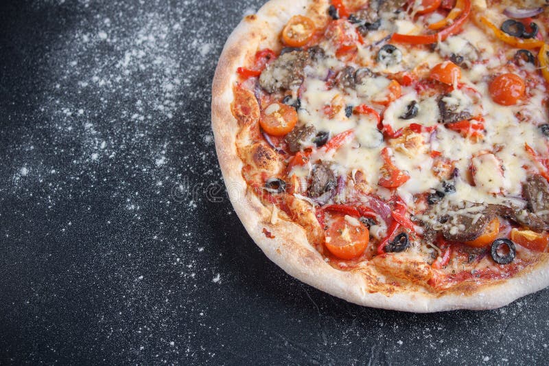 Pizza with Vegetables on a Dark Background Stock Image - Image of ...