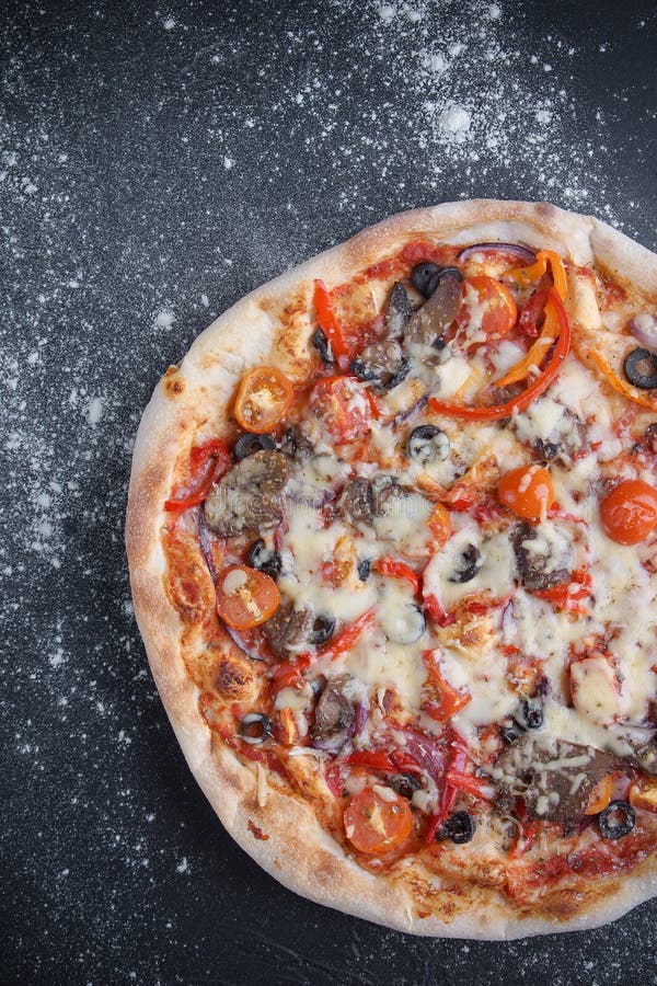 Pizza with Vegetables on a Dark Background Stock Image - Image of ...