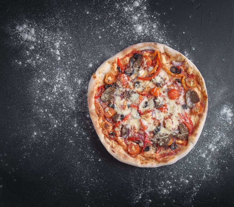 Pizza with Vegetables on a Dark Background Stock Photo - Image of dark ...