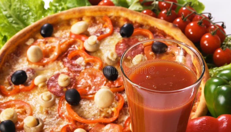 Pizza With Vegetables And Glass Of Tomato Juice Stock Photo - Image of ...
