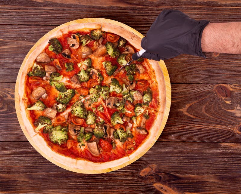 Pizza with Veggie Vegetables, on Bamboo Bottom Stock Image - Image of ...