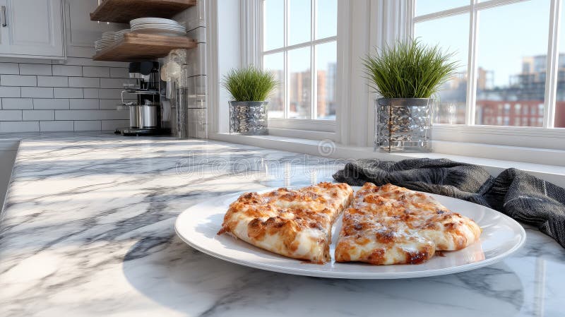 Pizza Waits on a Marble Countertop in a Sunlit Kitchen with Open ...
