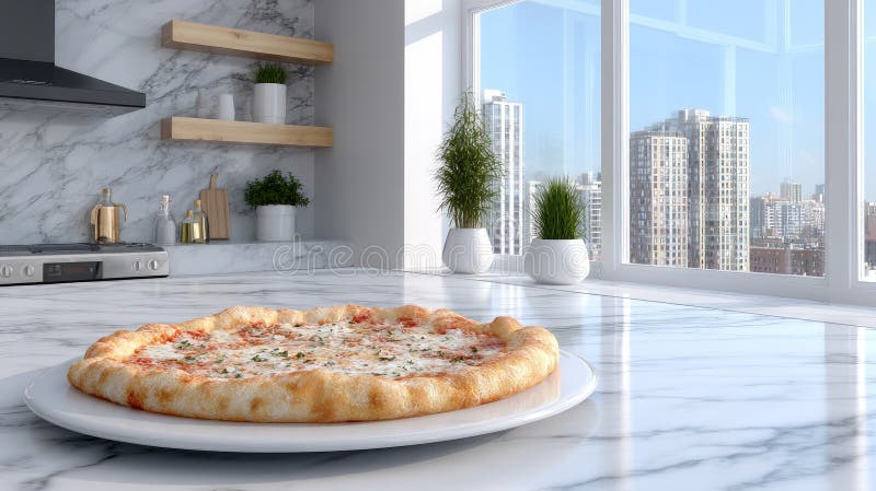 Pizza Waits on a Marble Countertop in a Sunlit Kitchen with Open ...