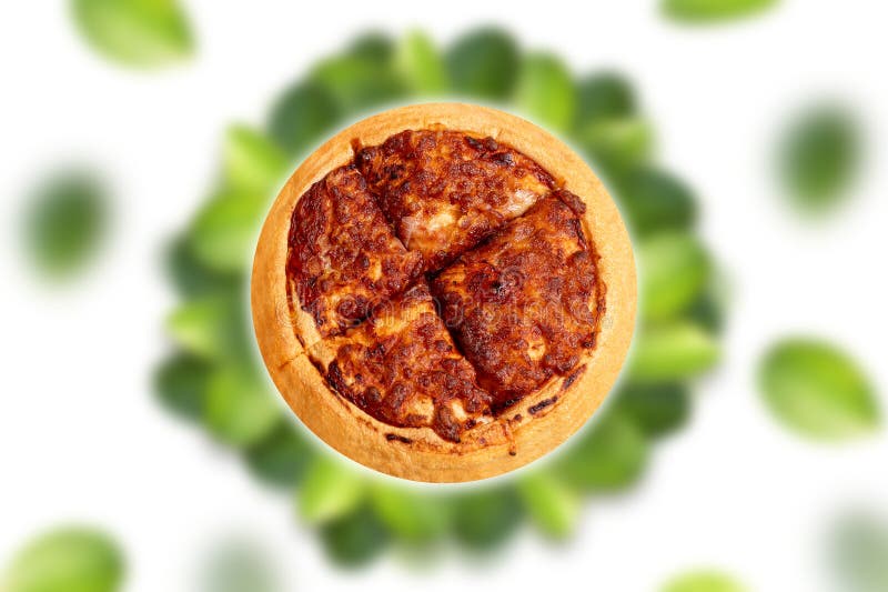 Pizza on a White Background with Green Leaves. Top View Stock Image ...