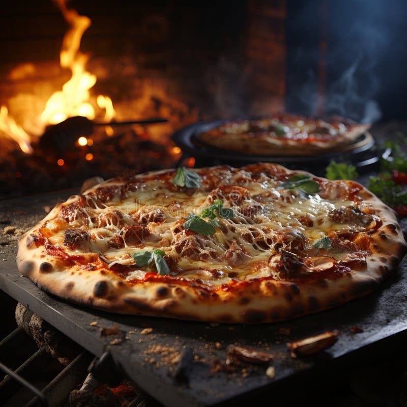 Pizza in a Wood-burning Oven. Cooking Over an Open Fire Stock Photo ...