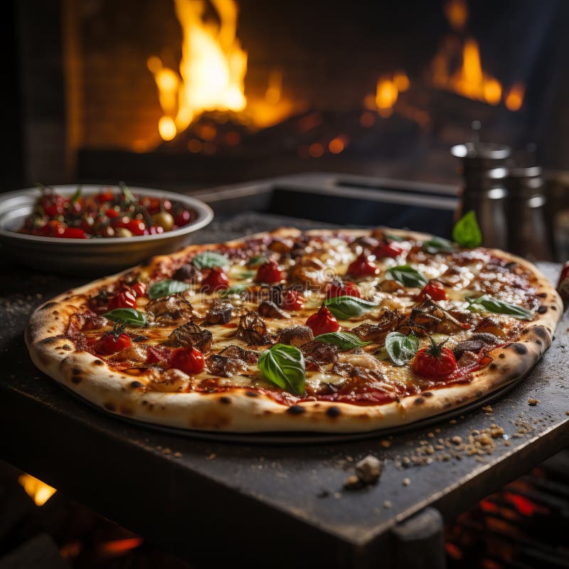 Pizza in a Wood-burning Oven. Cooking Over an Open Fire Stock Photo ...