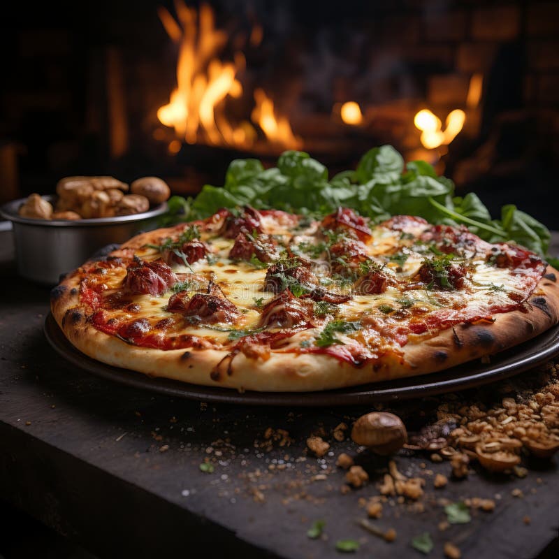 Pizza in a Wood-burning Oven. Cooking Over an Open Fire Stock Image ...