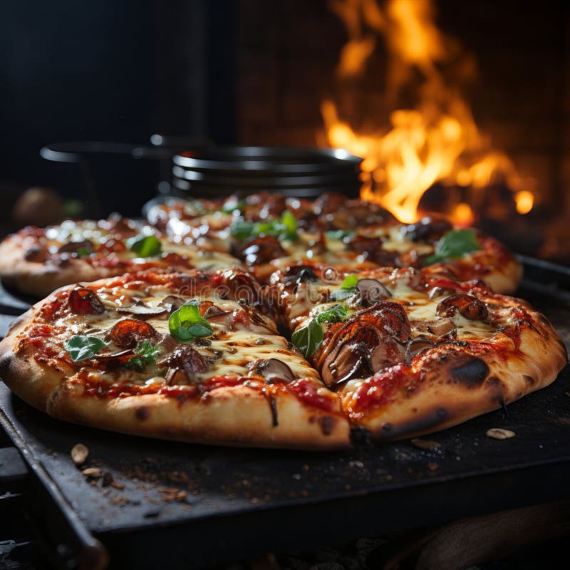 Pizza in a Wood-burning Oven. Cooking Over an Open Fire Stock Image ...