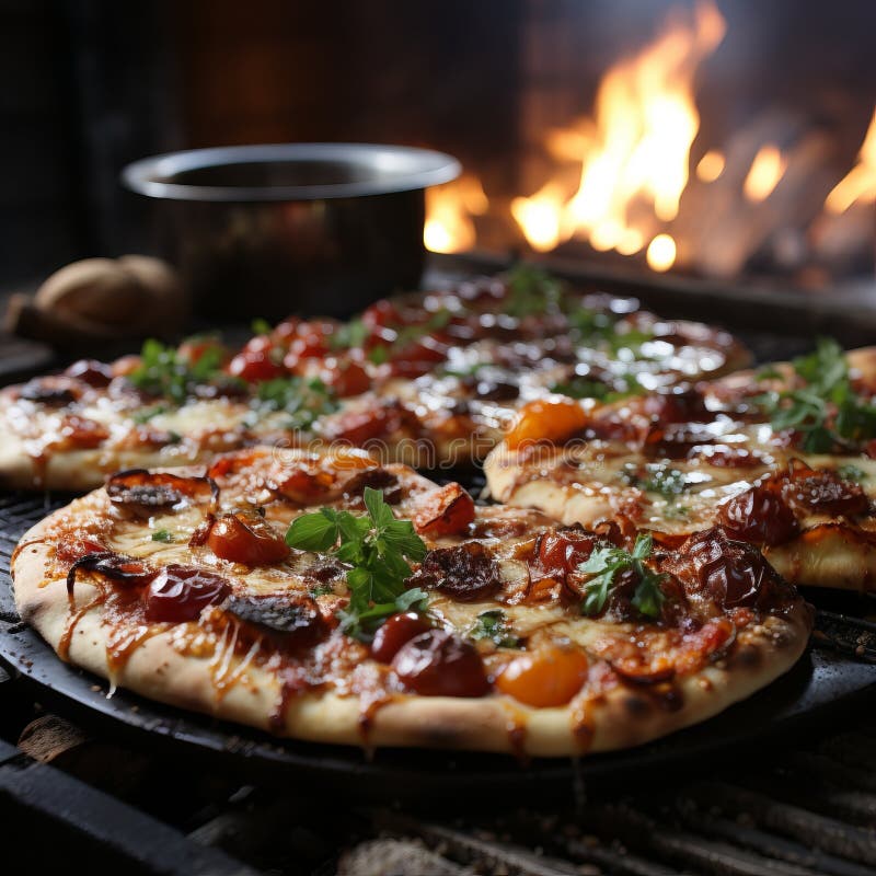 Pizza in a Wood-burning Oven. Cooking Over an Open Fire Stock Photo ...