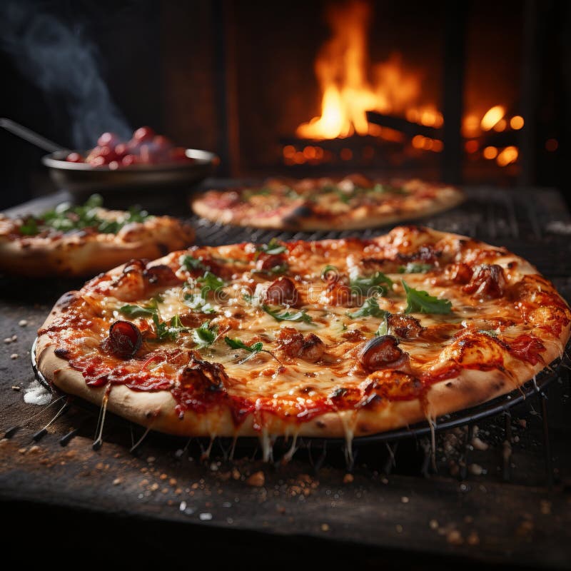 Pizza in a Wood-burning Oven. Cooking Over an Open Fire Stock Image ...