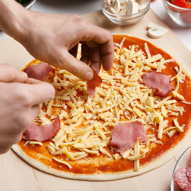 Pizzaiolo Adding Ham on Pizza Base with Cheese Stock Photo - Image of ...