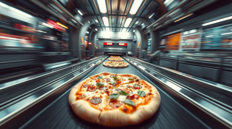 Pizzas on a Conveyor Belt in a Fast-paced Industrial Kitchen Setting ...