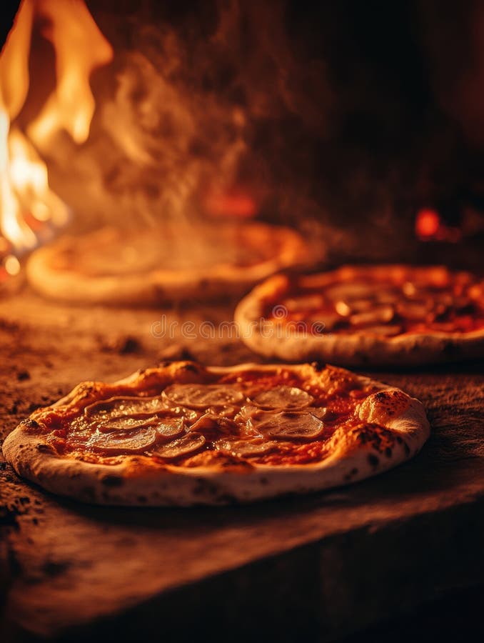 Pizzas Cook in a Wood-fired Oven, Surrounded by Flickering Flames and ...