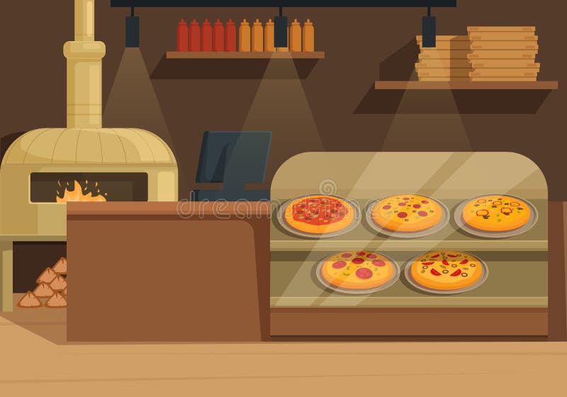 Pizzeria Building Interior with Pizzas and Oven Stock Vector ...