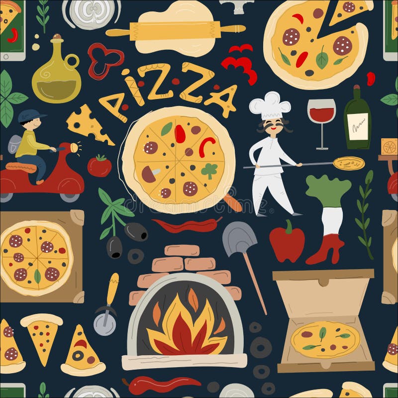 Pizzeria Seamless Pattern Background. Pizza Make and Delivery Design ...