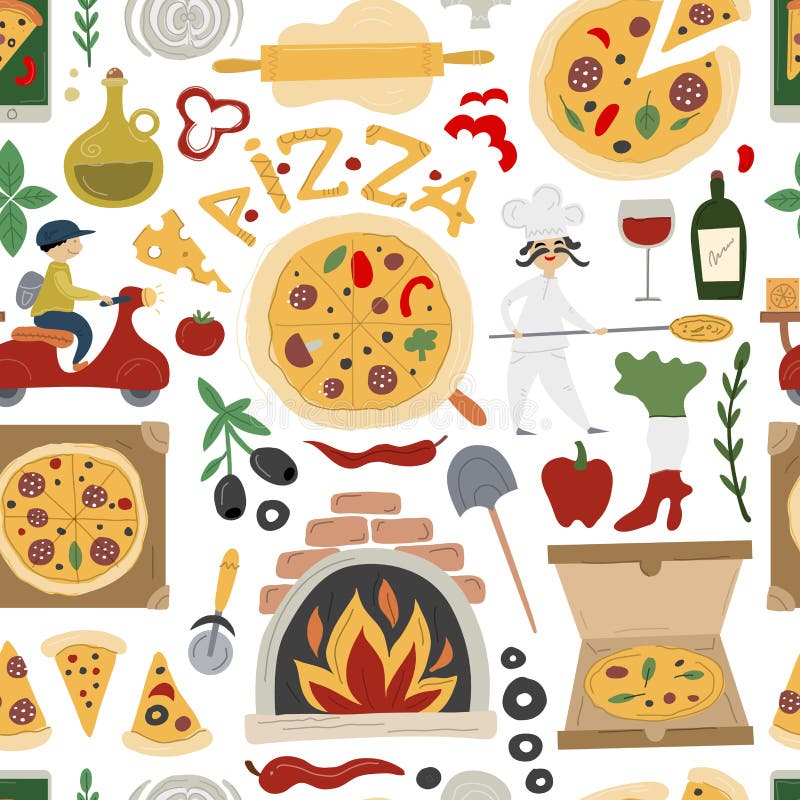 Pizzeria Seamless Pattern Background. Pizza Make and Delivery Design ...