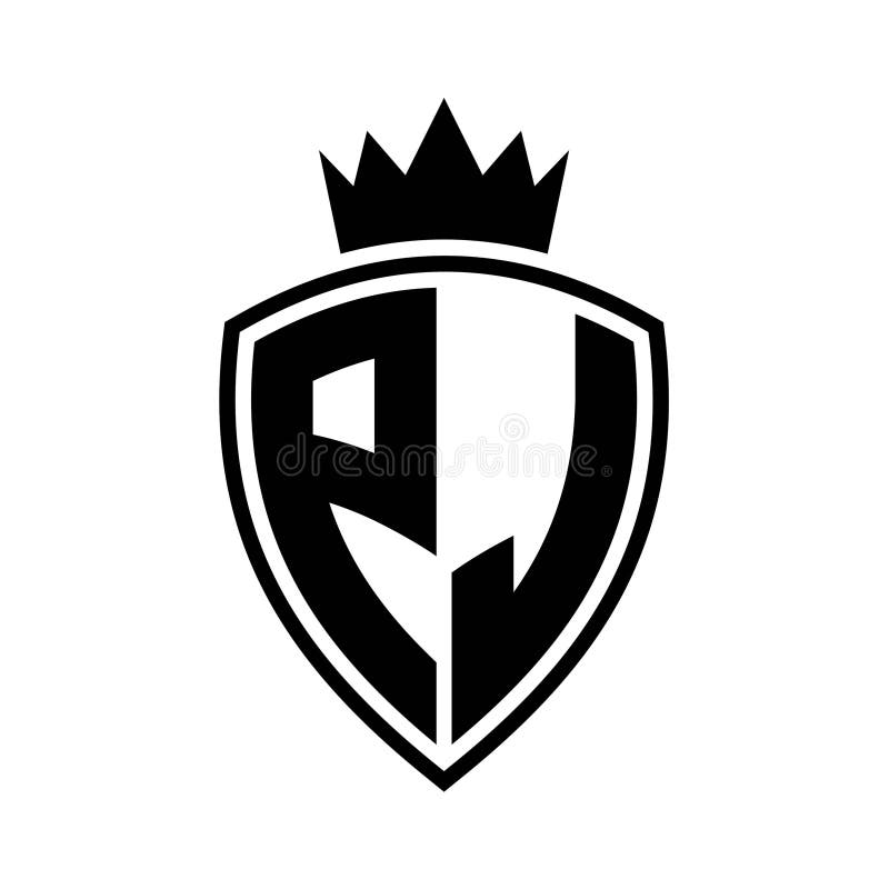 PJ Letter Monogram Shield and Crown Outline Shape with Black and White ...