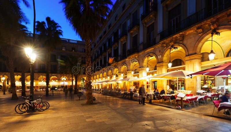 Placa Reial in Evening. Barcelona Stock Photo - Image of commercial ...
