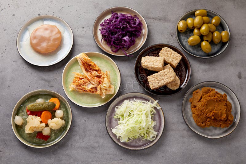 Placas Con Las Comidas Fermentadas Clasificadas Imagen de archivo ...