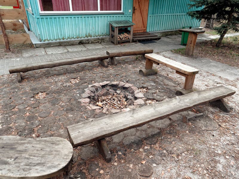 Place Equipped for a Campfire. Beautiful Bench Stock Photo - Image of ...