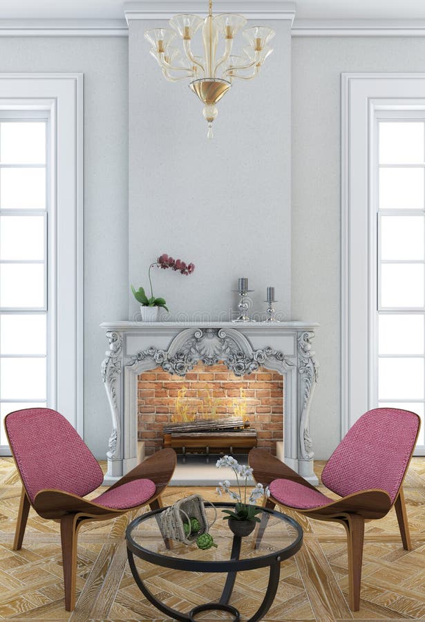 Modern Living-room with Fireplace. Stock Illustration - Illustration of ...