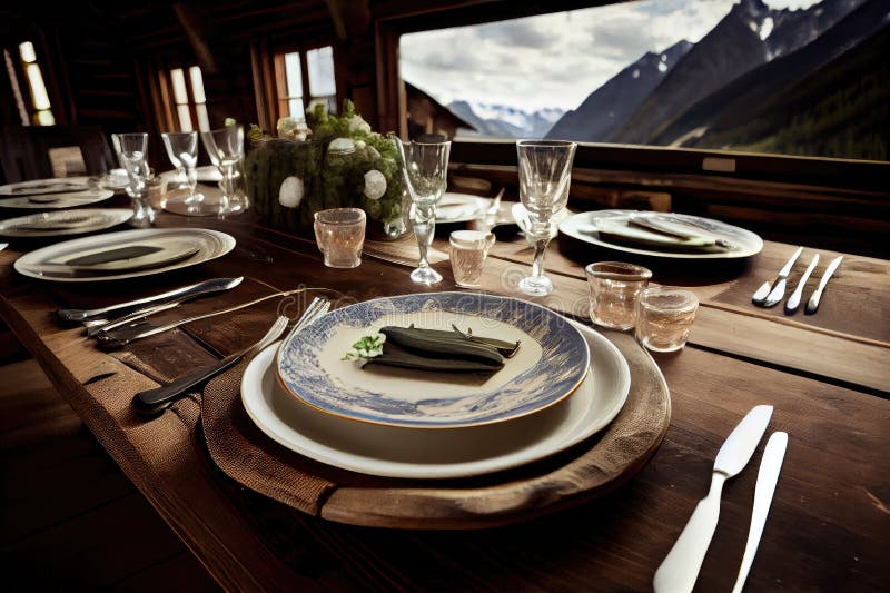 Place Setting with Dishes on Big Dining Table on Chalet Stock ...