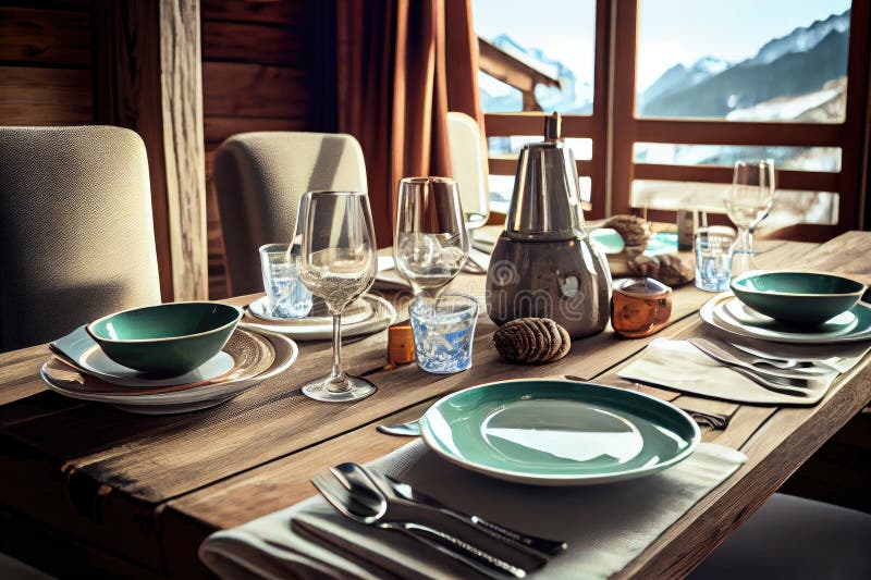 Place Setting with Dishes on Big Dining Table on Chalet Stock ...