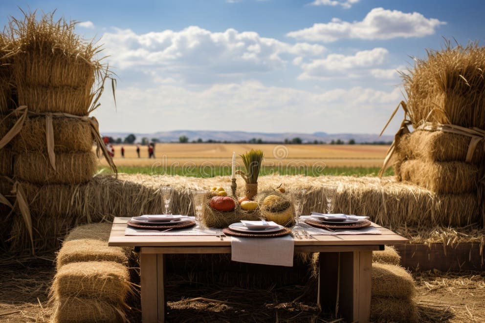 Place-setting with Hay Bales and Corn Maze Backdrop Stock Image - Image ...