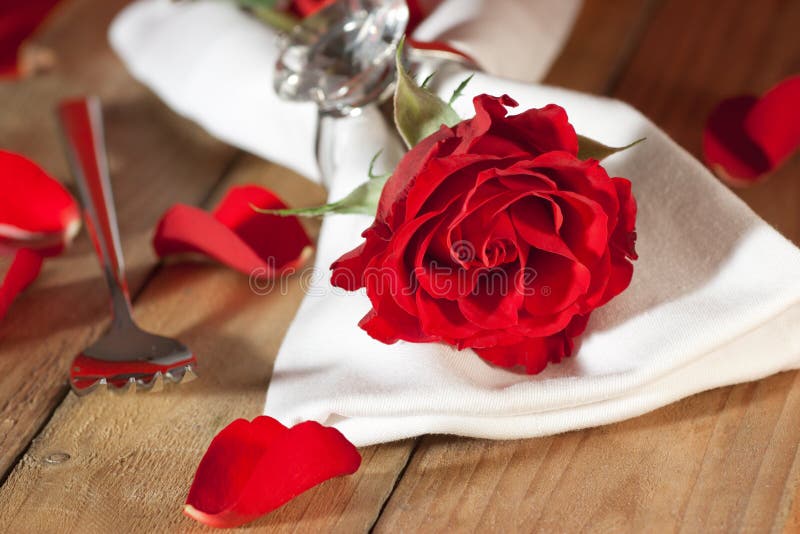 Place Setting with a Red Rose in Country Style Stock Image - Image of ...