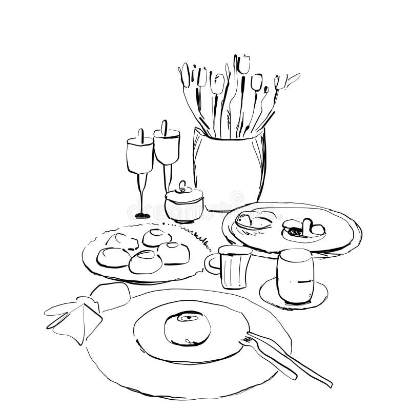 Place Setting and Restaurant Menu. Served Table Sketch Stock Vector ...