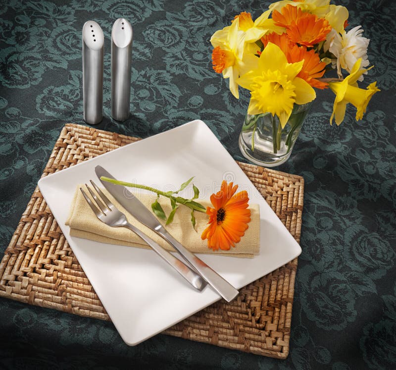 Place Setting with Spring Flowers Stock Image - Image of orange, spring ...