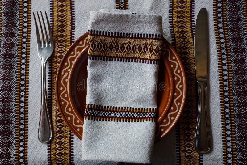Place Setting in a Ukrainian Restaurant with Traditional Towel and ...
