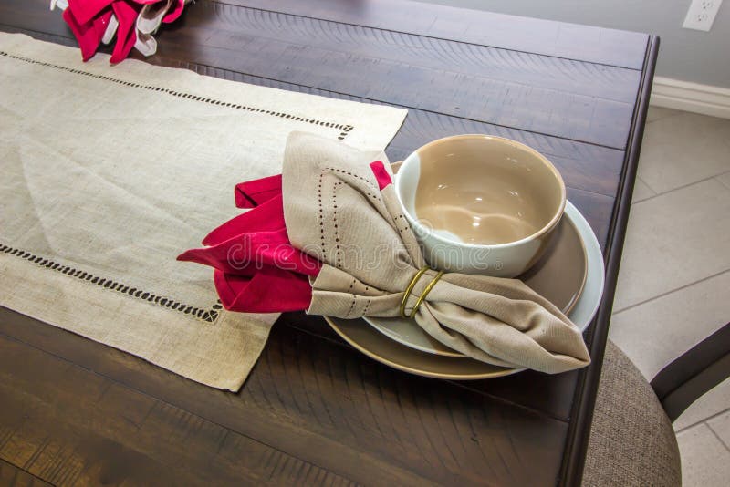 Place Setting on Wood Dining Area Table with Cloth Runner Stock Photo ...