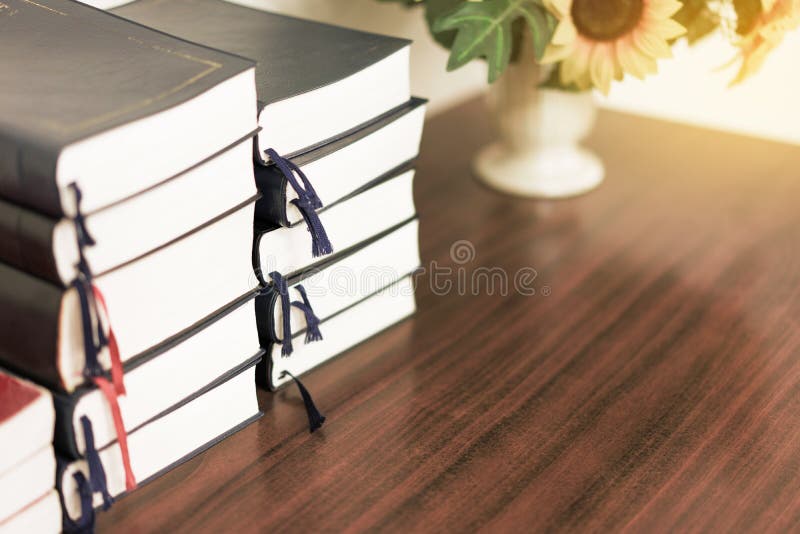 Place the Stack of Books on a Wooden Table in the Morning Stock Image ...