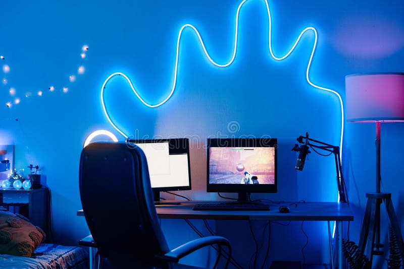 Place for Streamer with Computer Monitors in Dark Room Stock Image ...