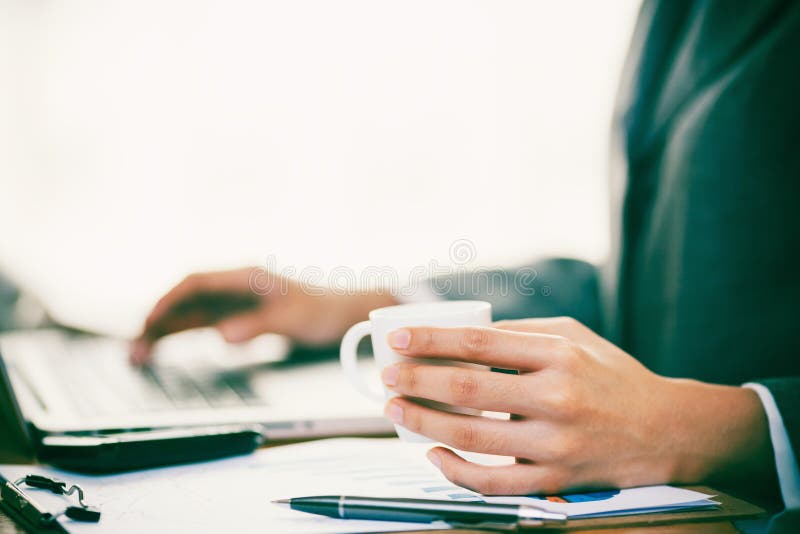 Place of Work with Computer and Coffee Stock Photo - Image of human ...