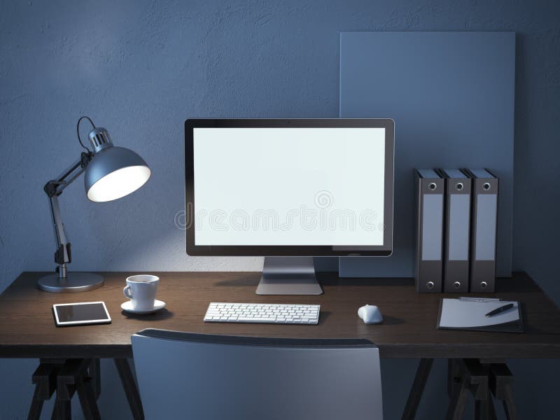 Place of Work with Computer Monitor at Night Stock Photo - Image of ...