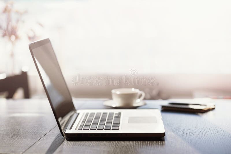Place of Work, Laptop Computer and Smartphone on Office Desk Stock ...