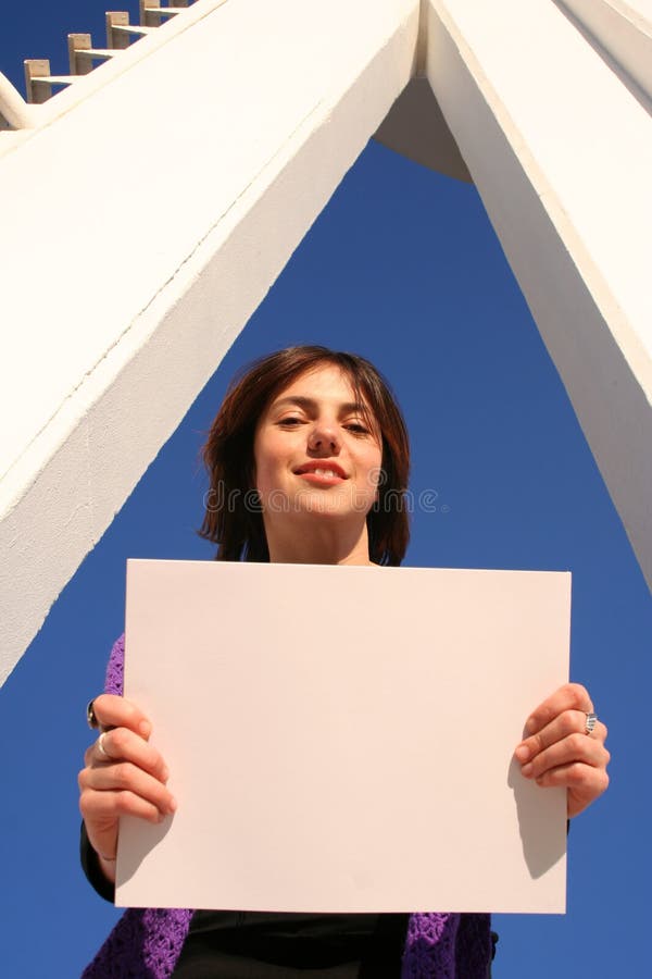 Place your ad here stock image. Image of woman, girl, sign - 7083817