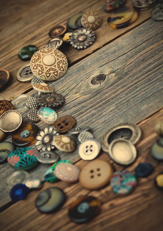 Placer of Vintage Buttons on Aged Boards Stock Image - Image of canvas ...