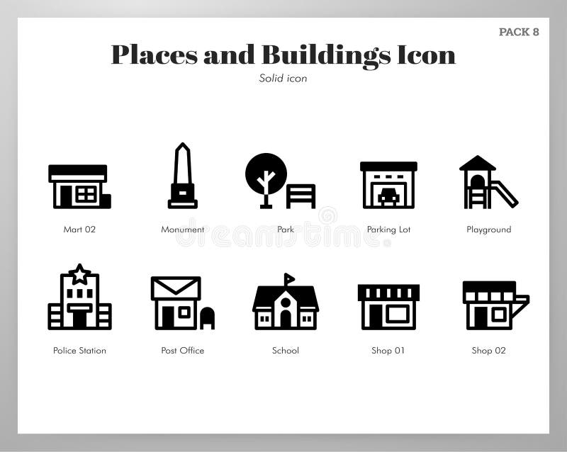 Places and Buildings Icons Solid Pack Stock Vector - Illustration of ...