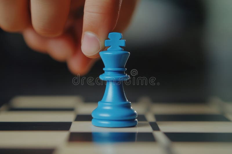 Hand Setting Blue King Chess Piece on a Checkered Board, Strategy and ...