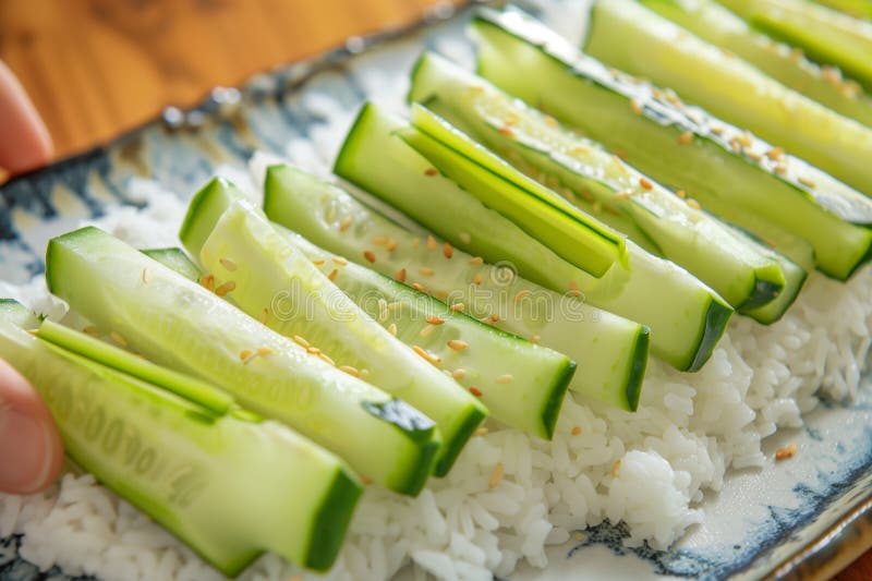 Placing Cucumber Sticks on Rice for a Veggie Roll Stock Photo - Image ...