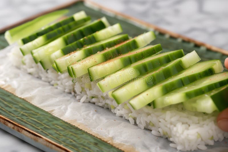 Placing Cucumber Sticks on Rice for a Veggie Roll Stock Image - Image ...