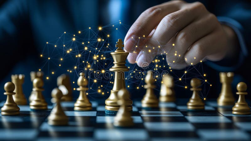 Placing a Golden King Chess Piece on a Chessboard with a Hand Stock ...