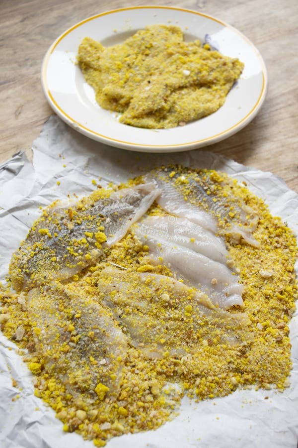 Plaice Fillets Just Breaded Stock Photo - Image of sogliola, breading ...