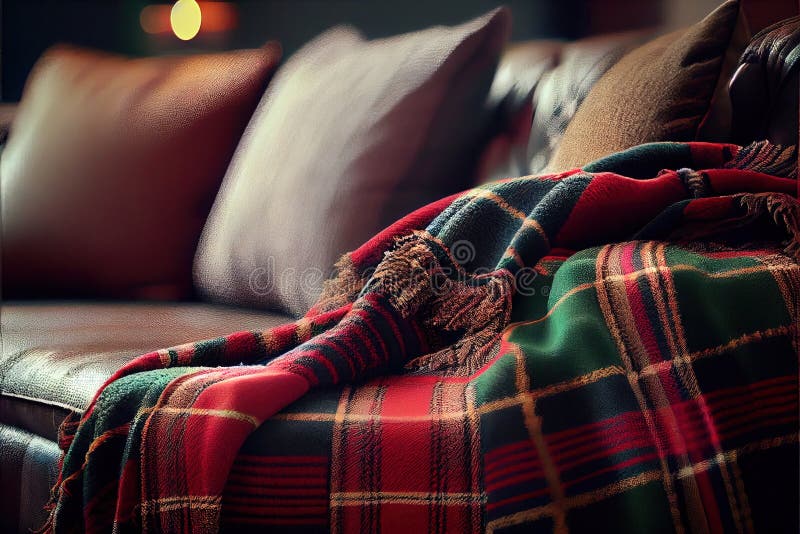 A Plaid Blanket is Draped Over a Couch with Pillows on it and a ...