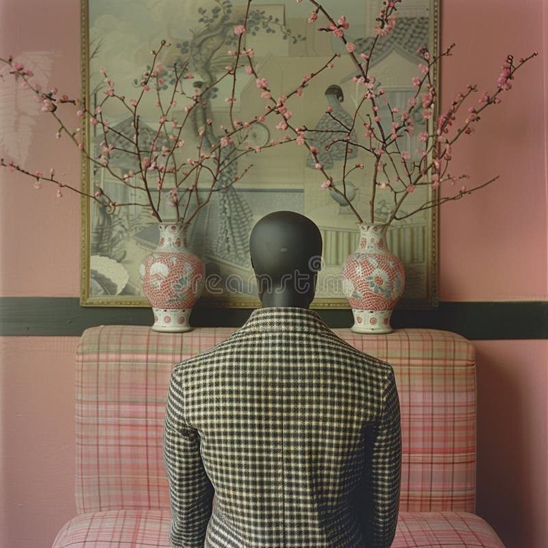 Plaid-clad Man with Pink-patterned Vases and Bench Stock Illustration ...